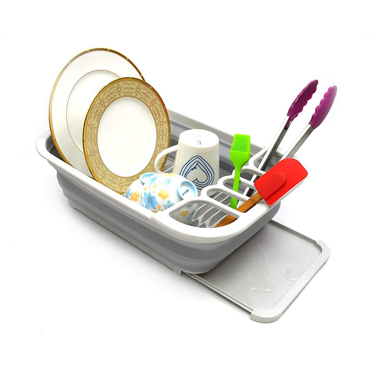 SAMMART 12L (3.17 Gallon) Collapsible Dish Drainer with Drainer Board - Foldable Drying Rack Set - Portable Dinnerware Organizer - Space Saving (Grey)