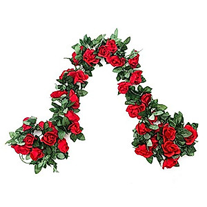 SWSTINLING 2 Pack (16FT) Artificial Rose Vine Flowers Plants Fake Flower Vine for Wedding Home Party Garden Craft Art Decor Red
