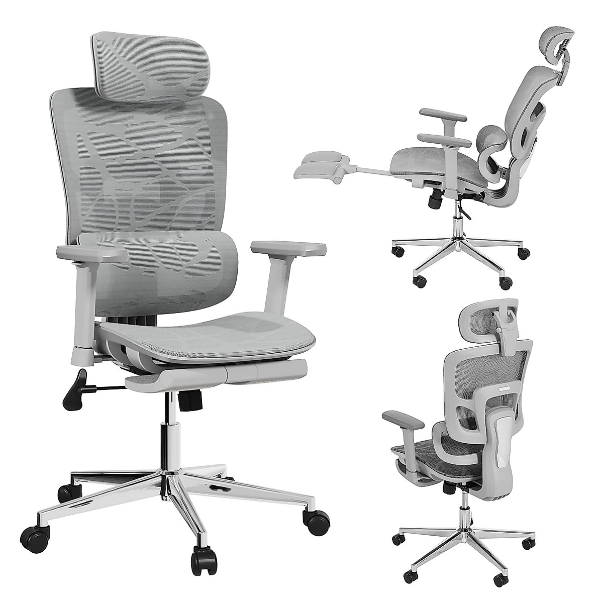 Novilla Ergonomic Office Chair, Adjustable Headrest with 3D Armrest, Office Chair with Adjustable Lumbar Support, Retractable Footrest, Mesh Office Chair High Back Gaming Chair, Grey