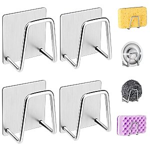 LYART 4Pcs Premium Sink Sponge Holder for Kitchen Sink Caddy Brush - SUS304 Stainless Steel Waterproof Rustproof Quick Drying Strong Self Adhesive (1. Silver X 4Pcs)