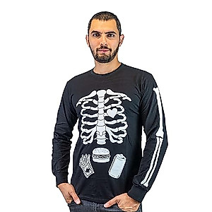 Men's Glow in The Dark Skeleton Ribcage Long Sleeve Shirt Halloween Costume Glowing tee (Mens X-Large)