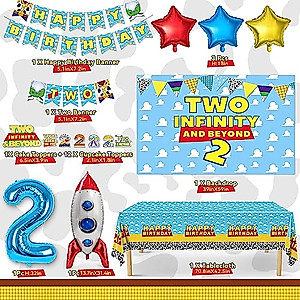 Miucat Two Infinity and Beyond Birthday Decorations Include Happy Birthday Banner Balloons Backdrop Film Balloon Cake Topper Tablecloth, 105 Pcs Toy Inspired Story 2nd Birthday Party Supplies