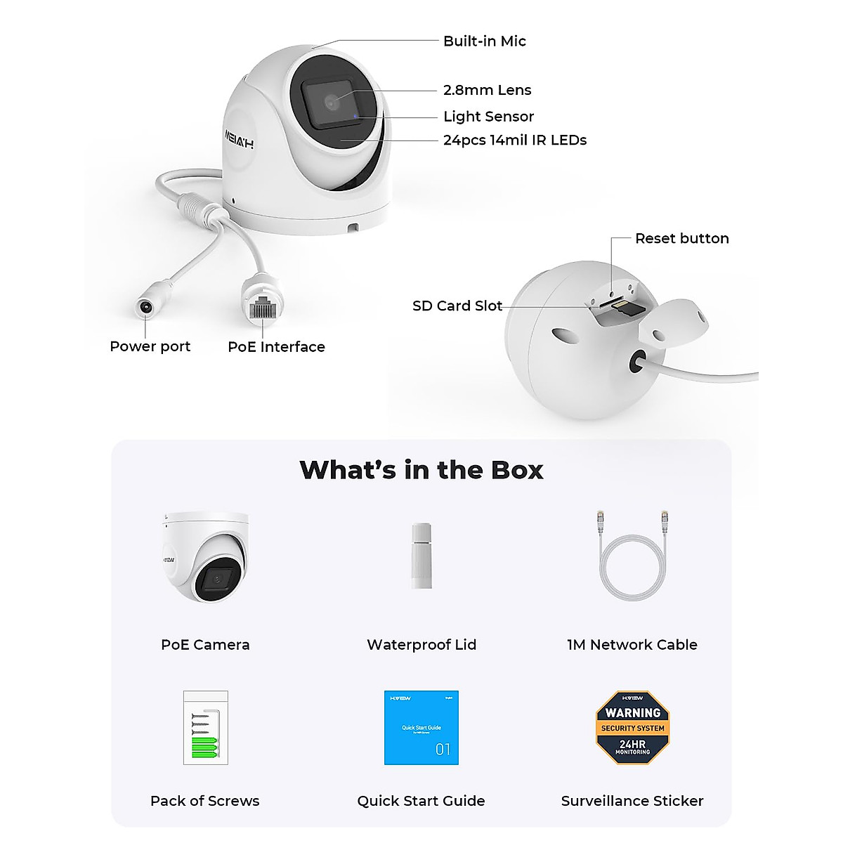 (Hikvision Compatible) H.VIEW 5MP Outdoor POE Camera Dome Turret IP Security Camera, 100ft IR Night Vision, 2.8mm Fixed lens, H.265+ IP PoE Outdoor Camera, RTSP,RTMP WDR,Support SD Card
