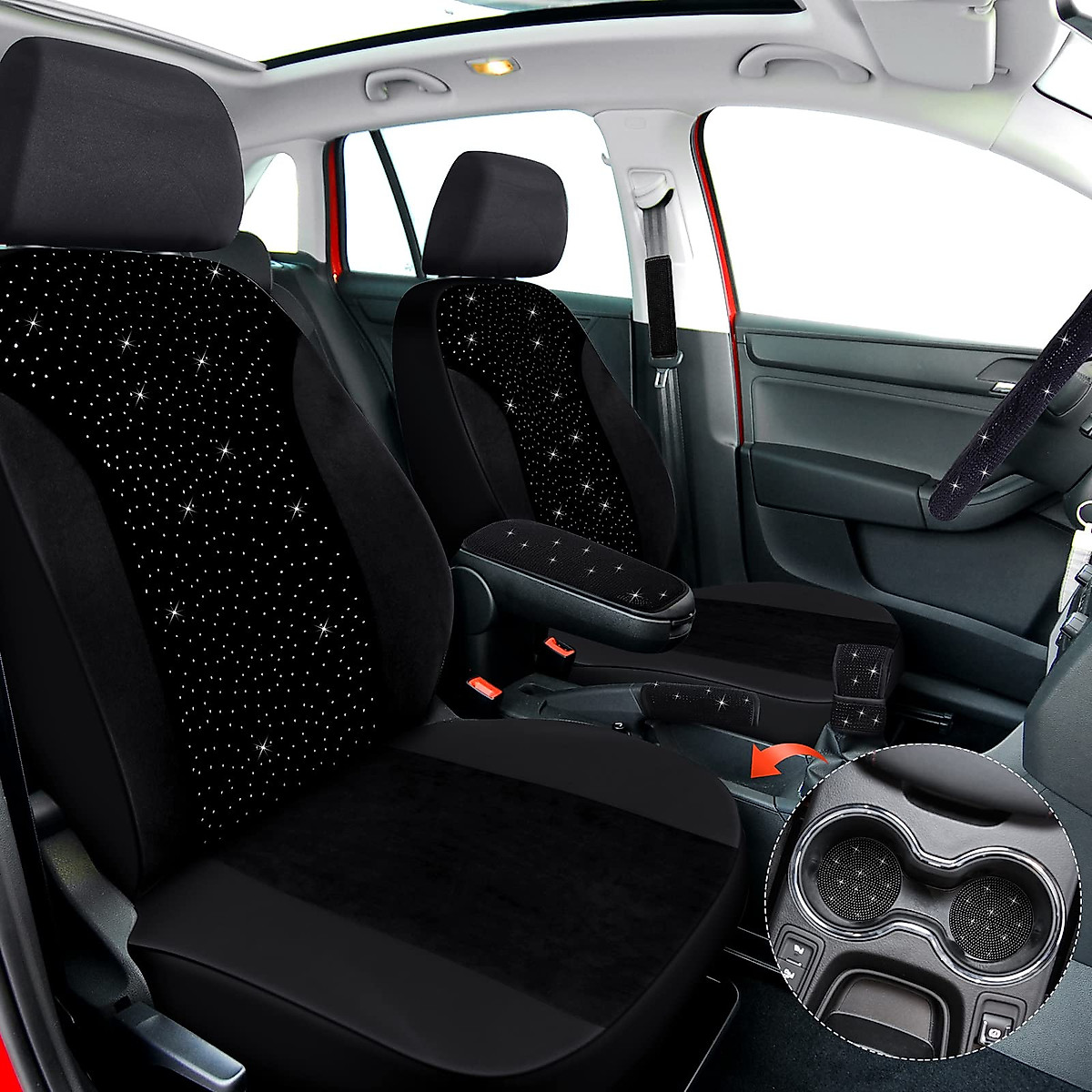 15 Pieces Bling Velvet Fabric Car Seat Covers Full Set Black Accessories for Women,Diamond Steering Wheel Rhinestone Crystal Seat Belt Cover, Center Console Pad Universal Car Decor