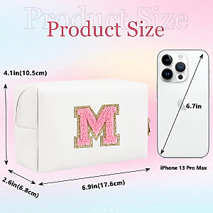 Small Personalized Letter Makeup Bag, Cute PU Leather Chenille Letters Cosmetic Bag Travel Makeup Bag, Preppy Makeup Pouch Travel Organizer Zipper Pouch Organizer for Women and Girls(WhitePink-M)