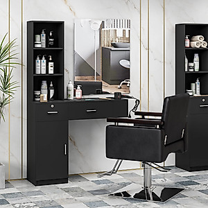 RESHABLE Wall Mount Salon Station with Mirror, Beauty Salon Barber Spa Equipment with Mirror, Shelves, Cabinet, Locking Drawers, Table, Standing Hair Styling Furniture, Black