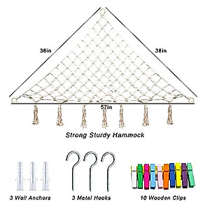 Newmemo Stuffed Animal Hammock Macrame Toy Hammock Stuffed Animal Net with Tassels Macrame Corner Plush Toys Net Holder Hanging Netting with Wooden Photo Clips for Boho Nursery Play Room Kids Bedroom