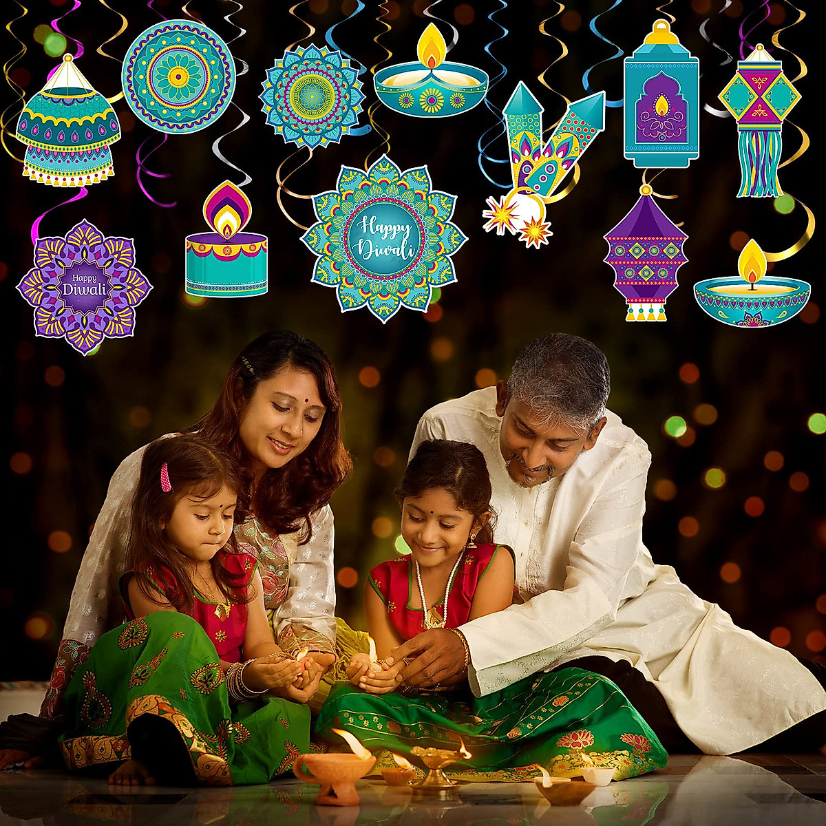 54 Pcs Diwali Party Decorations, Happy Diwali Party Hanging Swirls Deepavali Ceiling Decor Foil Double Spiral Lights Rangoli Hanging Swirls Decor for Home Indian Party Supplies