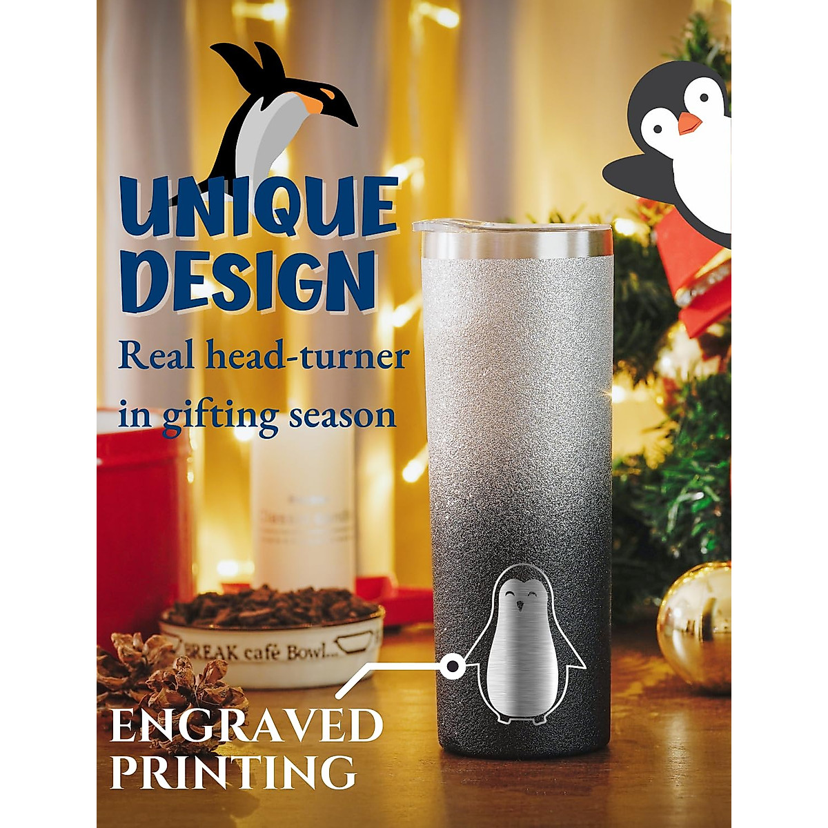 Onebttl Penguin Gifts for Women Teens, Penguin Tumbler for Penguin Lovers on Birthday, Mother's Day, Cute 20 oz Insulated Stainless Steel Tumbler with Lid and Straw - Glitter Cute Penguin