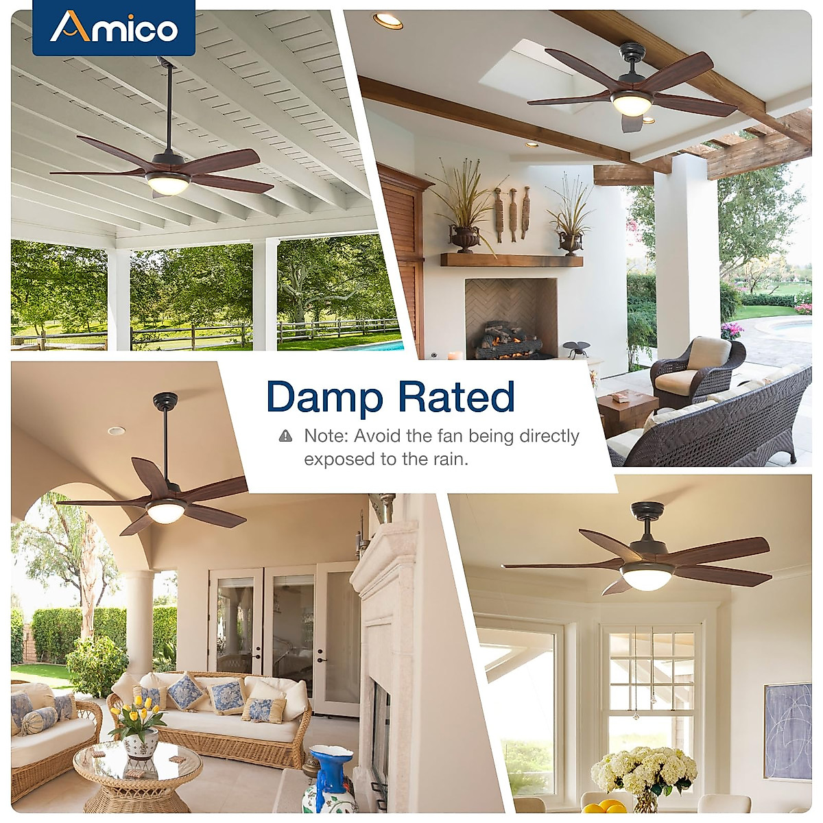 Amico Ceiling Fans with Lights, 52 inch Indoor/Outdoor Ceiling Fan with Remote Control, Reversible DC Motor, 5 Blades, 3CCT, Dimmable, Damp Rated Wooden Ceiling Fan for Bedroom, Patio, Porch