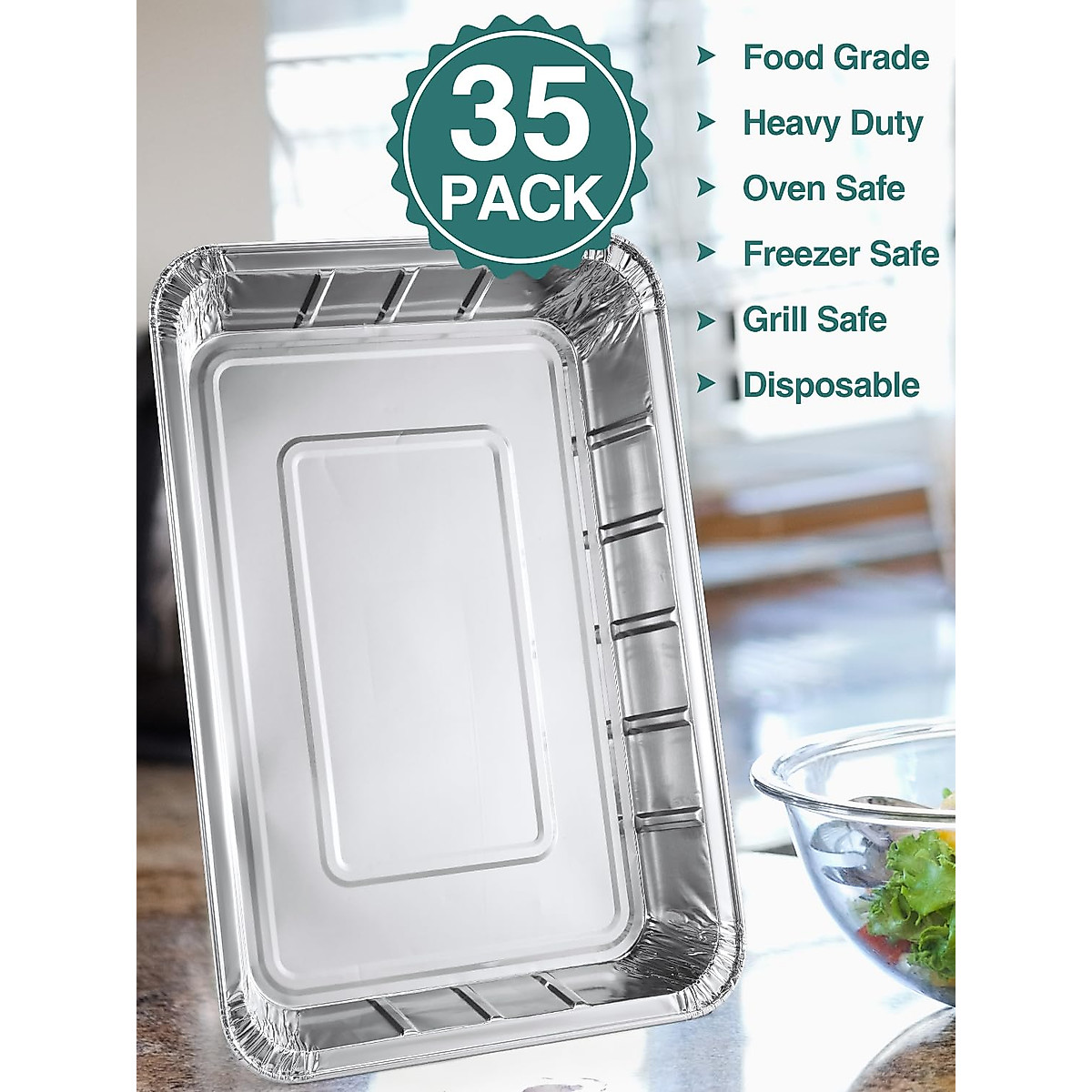 NEEBAKE 35 Pack 9x13 Disposable Aluminum Pans - Large-Aluminum-Foil-Pans-Half-Size-Tin-Foil-Baking-Pans-Heavy-Duty-Steam-Table-Tin-Trays-Containers-for-Prepping-Food-Cooking-Roasting-Heating