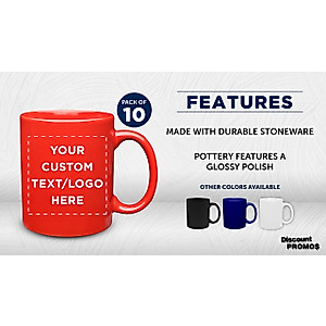 Custom Ceramic Coffee Mugs 11 oz. Set of 10, Personalized Bulk Pack - Coffee cup set, Iced coffee cup, Gaming mug - Red