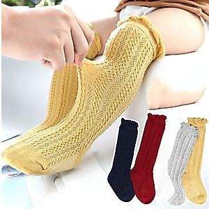 Toptim 4 Pairs Baby Toddlers Cable Knit Knee High Socks for Boy and Girls (Gray,White,Yellow,Navy Blue, 0-12 Months)