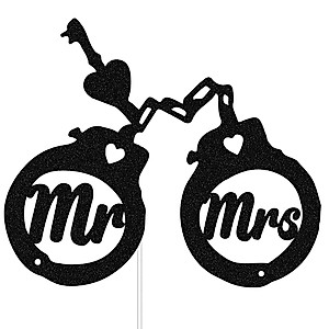 LHUBA Police Handcuffs Mr & Mrs Wedding Cake Topper Bride & Groom Wedding Engagement Cake Decoration Funny Wedding Party Decor Black Glitter