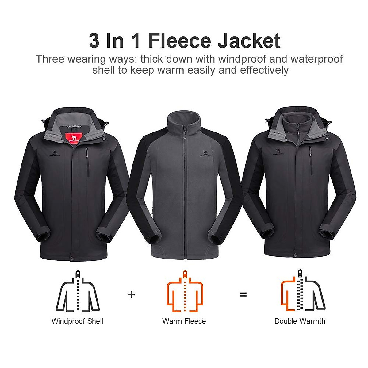 CAMEL CROWN Men’s Ski Jacket 3 in 1 Waterproof Winter Jacket Snow Jacket Windproof Hooded with Inner Warm Fleece Coat Dark Grey