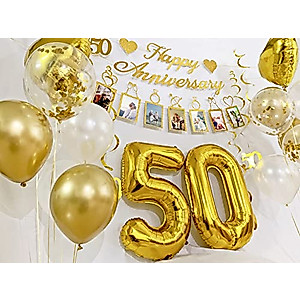 50th Anniversary Decorations Party Supplies Set of Happy Anniversary Photo Banner and Balloons,Hanging Swirls for 50 year Wedding Anniversary decor(Gold)