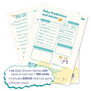Wunder - Baby Shower Game Set with 6 Games, 30 Card Packs and Variety of Fun Activities, Mommy or Daddy, Predictions & Advice, Trivia, Word Search, Find Guest, Emoji & Bonus Mad Lib