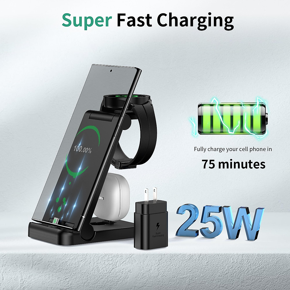 3 in 1 Charging Station for Samsung, 25w PD Super Fast Charger for Samsung Galaxy S23 Ultra/S22/21/Note20/Z Fold5/4/3, Galaxy Buds2Pro/Plus/Liv, Wireless Charger for Galaxy Watch 6/5 pro/4/3/Active2