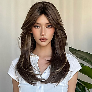 HAIRCUBE Long Brown Wigs for Women Layered Synthetic Hair Wig with Highlight