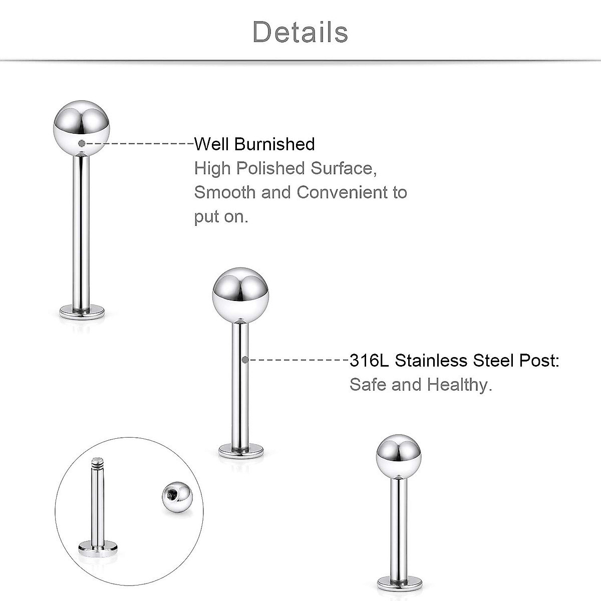 SCERRING 18PCS 14g Stainless Steel Balls Labret Monroe Lip Cheek Tragus Cartilage Helix Earring Ring Body Piercing Jewelry 10-14mm - Mix Color