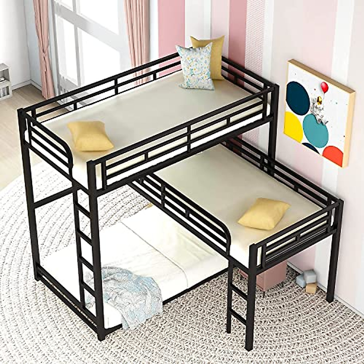 Harper & Bright Designs L-Shaped Metal Triple Bed, Metal Twin Over Twin Over Twin Bunk Bed Frame with Two Ladder, Full-Length Guardrails, 3 Bunk Beds for Kids Teens Adult, Black