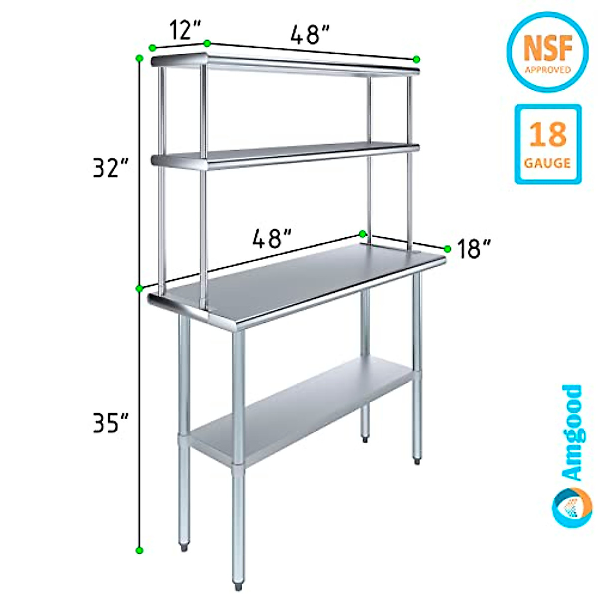 18" x 48" Stainless Steel Work Table with 12" Wide Double Tier Overshelf | Metal Kitchen Prep Table & Shelving Combo