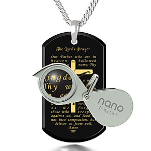 Lord's Prayer Crucifix Cross Necklace Onyx Dog Tag Pendant 24k Gold Inscribed, 20" 925 Sterling Silver