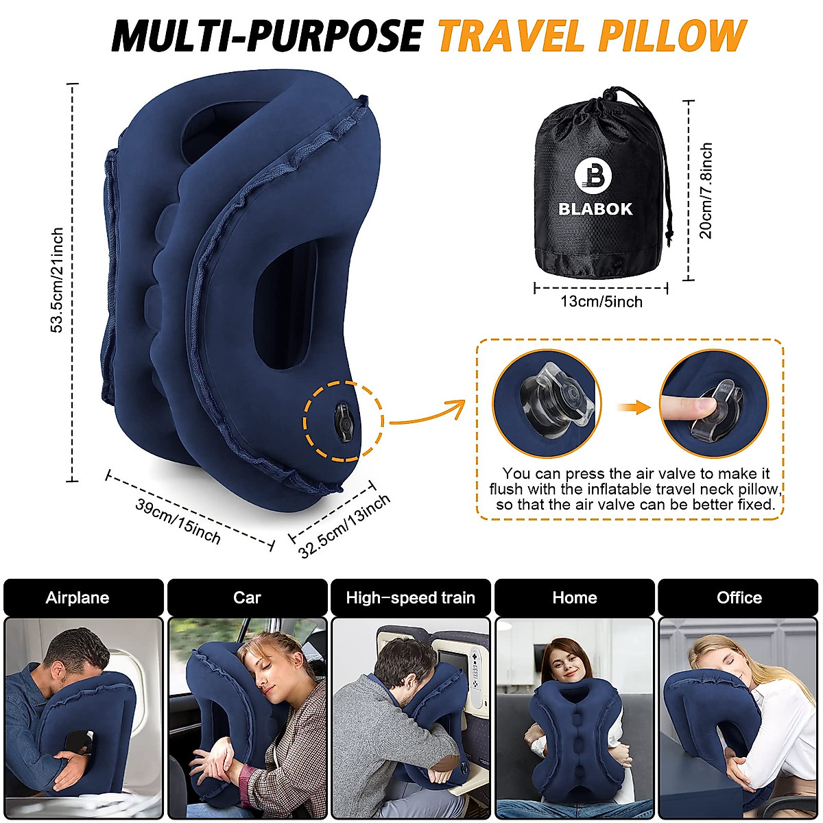 Inflatable Travel Pillow,Multifunction Travel Neck Pillow for Airplane to Avoid Neck and Shoulder Pain,Support Head,Neck,Used for Sleeping Rest, Airplane and Home Use,with Eye Mask, Earplugs,Blue