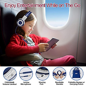 SIMOLIO Foldable Wired Headphones Teens Adults Kids Youths w/Mic & Volume Control & Volume Limited & Share Port & Portable Pouch, Safe Volume Stereo Headset for Online School Gaming PC Laptop Travel