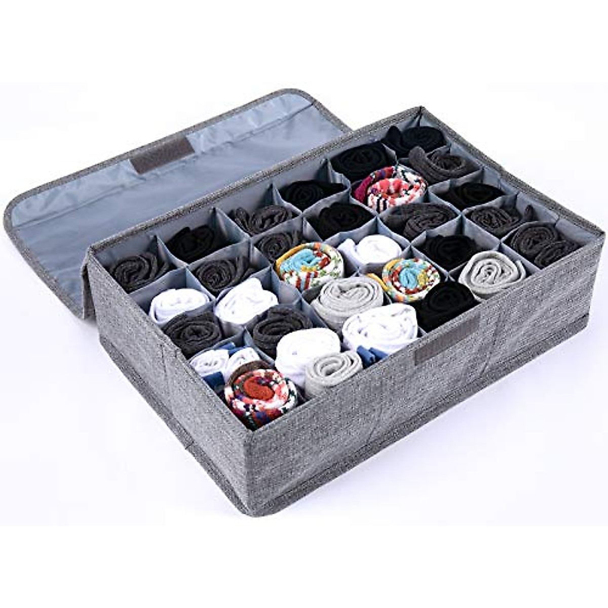 Socks Organizer with Lid, 30 Cell Underwear Drawer Organizer Foldable Closet Storage Box for Ties, Lingeries, Socks - Gray