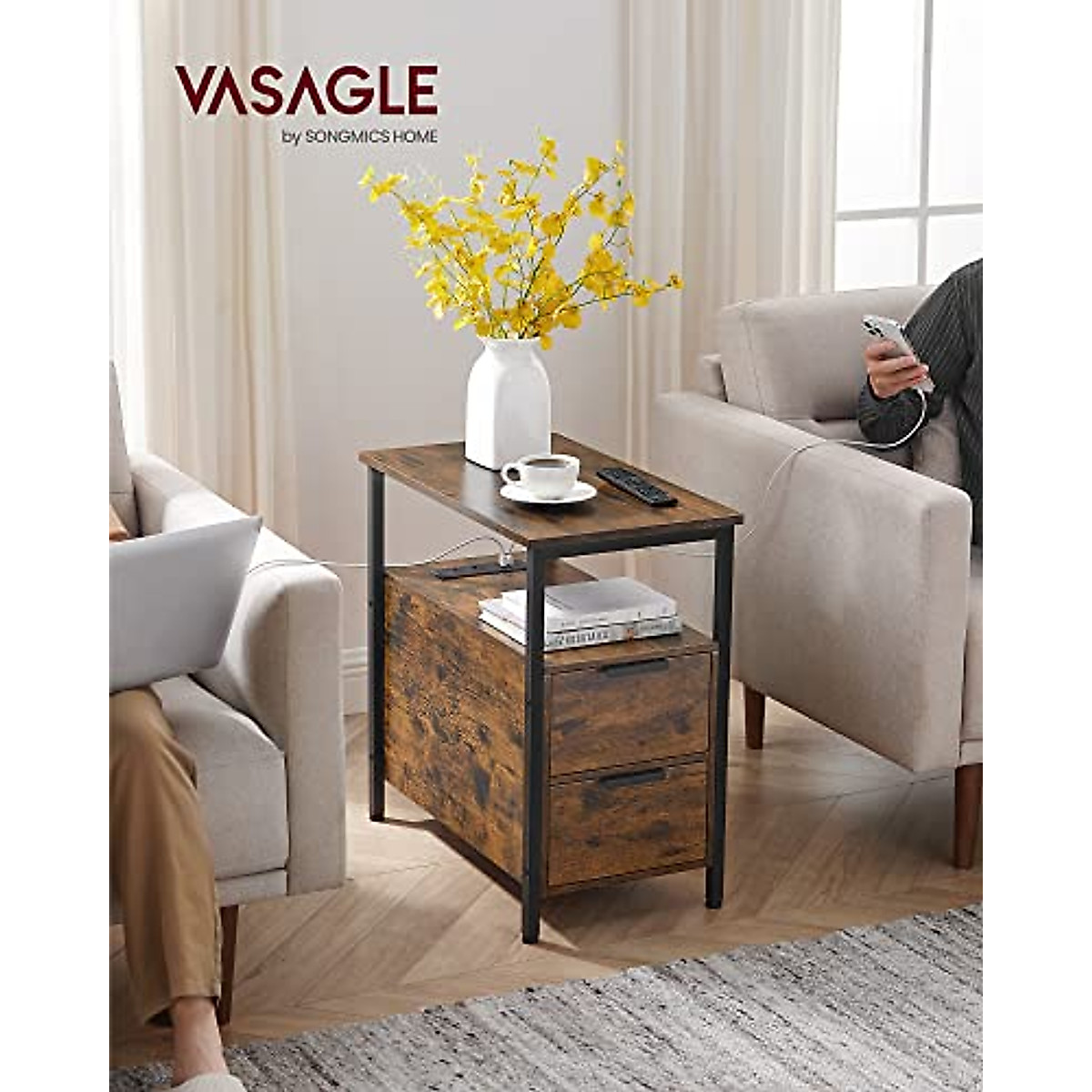 VASAGLE Side Table with Charging Station, Narrow End Table with 2 Drawers, Slim Nightstand and Bedside Table with Storage, for Small Spaces, Rustic Brown and Black ULET321B01