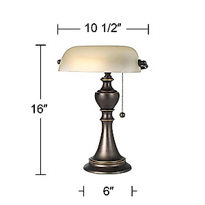ALECH Traditional Piano Banker Table Lamp 16" High Antique Bronze Metal Alabaster Glass Shade for Bedroom Living Room Bedside Office