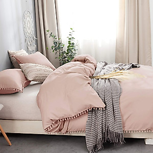 Bowavat Pom Pom Fringe Duvet Cover Twin Size,100% Washed Microfiber 3 Pieces Pink Mocha Duvet Cover Set, Soft and Durable with Zipper Closure and Corner Ties (Twin, Pink Mocha)