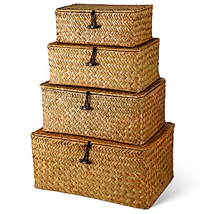 Woanger Set of 4 Wicker Storage Baskets Organizer，Handwoven Storage Bins with Lid for Organizing, Home Utility Box for Home Office Supplies Multipurpose Container(Orange)
