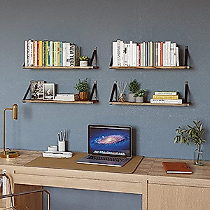 Wallniture Bora Floating Shelves, 24”x6”, Set of 4, Small Bookshelf Unit for Living Room, Office, Bedroom, Natural Burned Rustic Wood Wall Decor with Metal Shelf Bracket