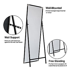 Full Length Mirror 65"x23.6" Floor Mirror, Large Rectangle Full Body Mirror Standing Hanging or Leaning Against Wall, Bathroom Mirror Dressing Mirror Wall-Mount Mirror, Black