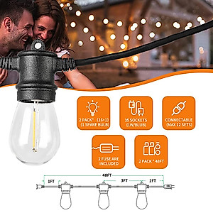 Joursdela 96ft 2-Pack LED Outdoor String Lights LED Single Filament Edison Bulbs Commercial Grade Heavy Duty Light with Shatterproof LED for Patio Backyard
