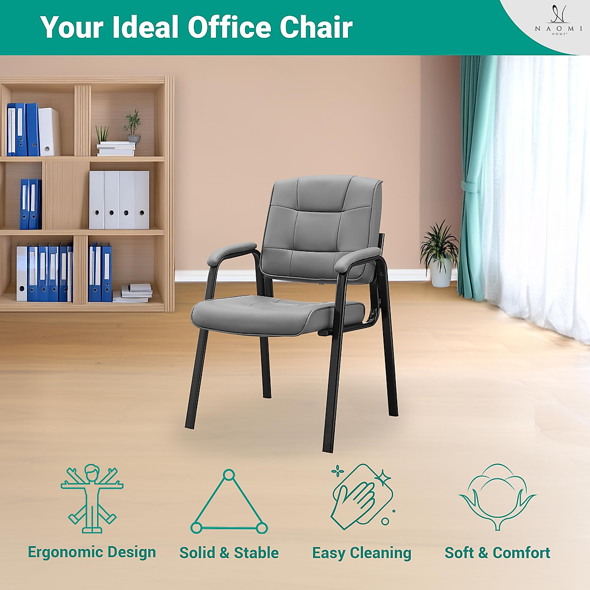 Naomi Home Conference Room Chairs, Heavy Duty Leather Executive Conference Table Chairs, Office Conference Chair, Conference Room Chair with Padded Arm Rest, Guest Chair Fixed-Back, Set of 2 - Gray