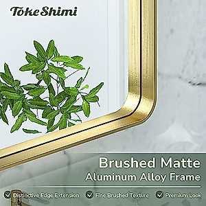 TokeShimi Gold Bathroom Mirror for Wall 40 x 30 Inch Rounded Corner Rectangle in Aluminum Alloy Metal Frame Deep Set Design Hangs Horizontal Or Vertical Farmhouse
