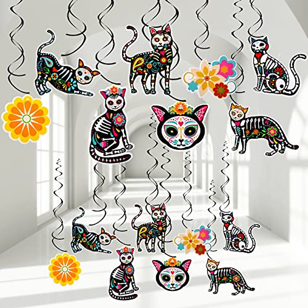 30 Pcs Day of The Dead Decorations Mexican Skeleton Cat Swirl Hanging Ornaments DIY Sugar Skeleton Cat Cutouts for Halloween Cinco De Mayo Dia De Muertos Party Supplies