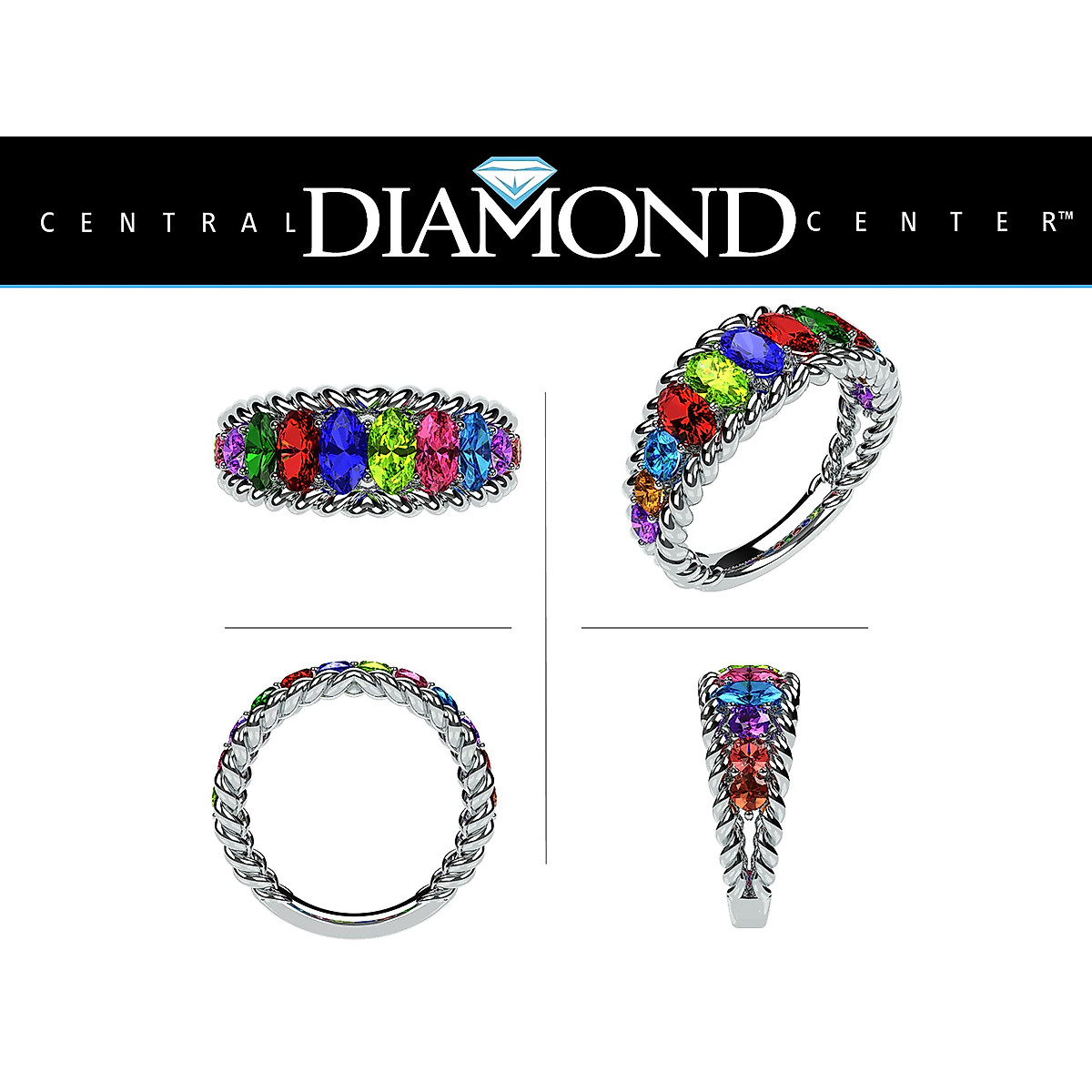 Central Diamond Center Oval Rope Mothers Ring 1 to 12 Simulated Birthstones- 10k White Gold - Size 9