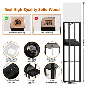 Assemer Shelf Floor Lamps for Living Room,Tall Standing Lamp with Shelves and Drawer,2 USB Charging Ports & Power Outlet,Bright 3CCT LED Bulb Included - Black