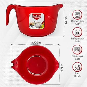 Large Mixing Bowls with Handles, 2 Pcs Microwave Safe 3.6 qt - Plastic Nesting Bowls for Kitchen, Batter Bowls, Easy to Clean, White & Red