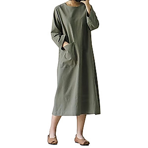A Line Summer Dresses for Women 2023 Women Long Sleeve O Neck Solid Literary Retro Casual Dress with Pockets Army Green