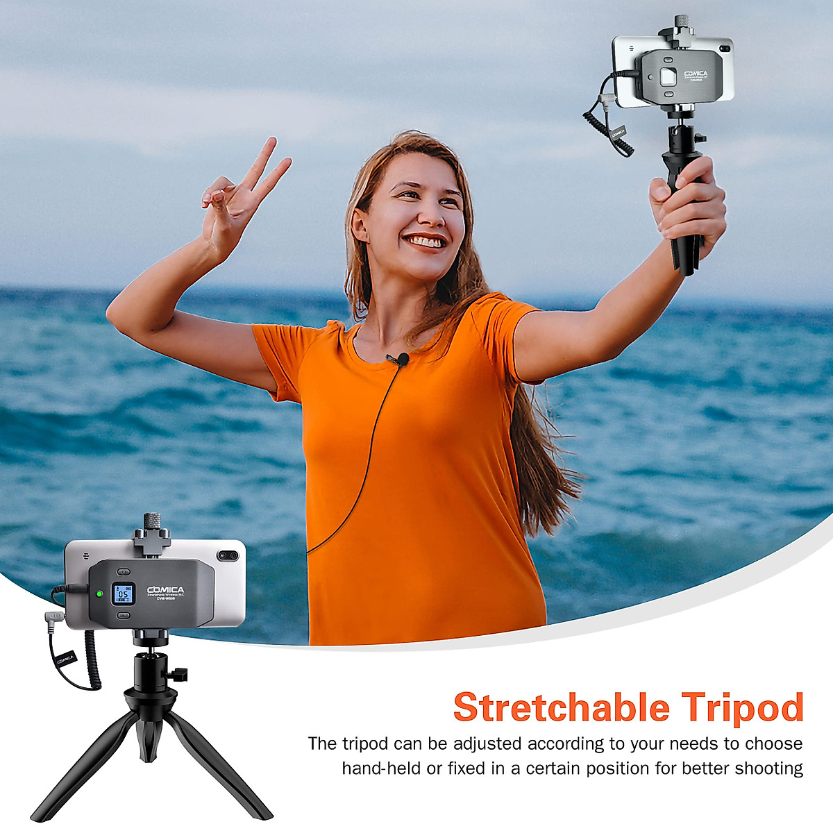 comica CVM-WS50C Wireless Lavalier Microphone for iPhone with Tripod, Real-time Monitor, Wireless Lapel Mic for Android, Video Recording Mic for YouTube TikTok Livestream Vlog.