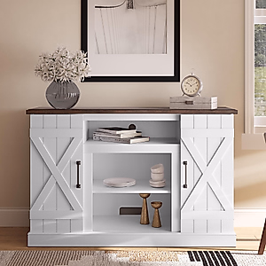 BELLEZE Industrial 47 Inch Rustic Wood TV Stand & Media Entertainment Center Console Table for TVs up to 50 Inch with Open Storage Shelves & Cabinets - Veropeso (White)