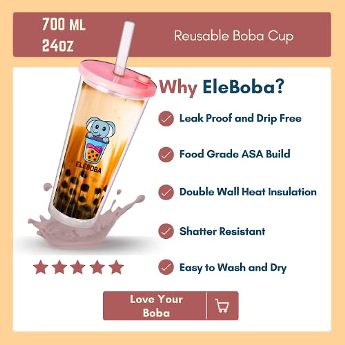 EleBoba Reusable Boba Cup with Lid and Straws - Leak Proof Tumbler for Bubble Tea and Smoothies - 24oz/700ml - Carry Pouch, Stickers, 2x Straws, Cleaning Brush, Cute Boba Cup, Kawaii Boba Cup