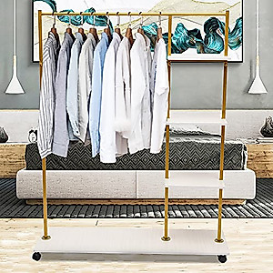 PIAOCAIYIN Garment Rack, Rolling Clothes Organizer with Wheels, Square Clothes Rack Display Holder, Gold Metal Storage Shelf, Portable Clothing Garment Rack for Home Store Wedding