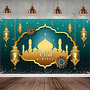 Large Eid Mubarak Party Decorations, Green and Gold Ramadan Mubarak Backdrop Banner, Muslim Ramadan Banner Photo Booth Backdrop for Eid Mubarak Indoor and Outdoor Decorations