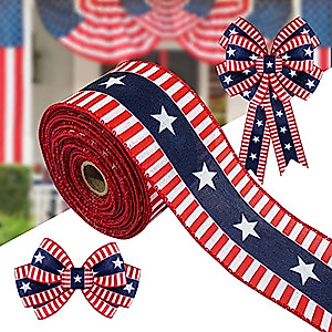 4th of July Patriotic Ribbons 2.5 Inch ×10 Yards, Memorial Day Wired Edge Ribbon Blue Red Burlap Ribbons American Stars Stripe Ribbon Bows for Gift Wrapping American Memorial Day Decorations